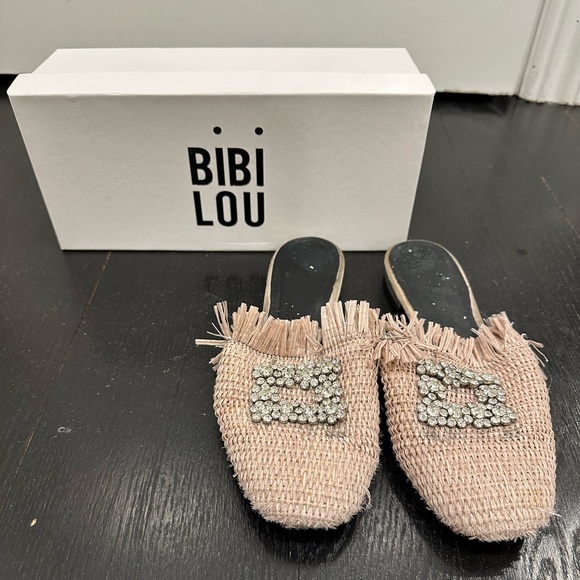 Bibi Lou | Shoes | Bibi Lou Jeweled Raffia Mules Beige | Poshmark